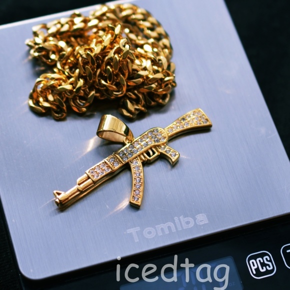 Accessories | Iced Out Gold Plated Stainless Steel Gun Necklace | Poshmark